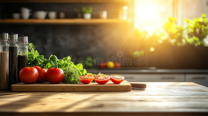 A Cozy Kitchen Scene with Fresh Ingredients Displayed on the Counters ...