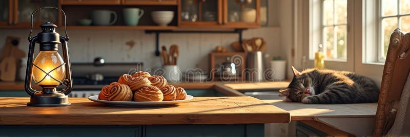 Cozy Kitchen Scene with Sleeping Cat, Lantern, and Fresh Pastries on ...
