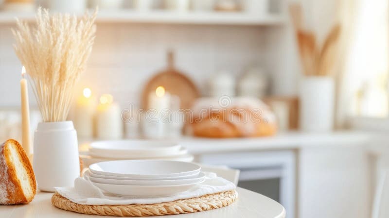 Cozy Kitchen Scene with Stacked Plates and Warm Lighting, AI Stock ...