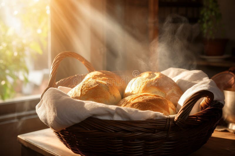Cozy Kitchen Scene with Steaming Bread in a Rustic Basket. Generative ...