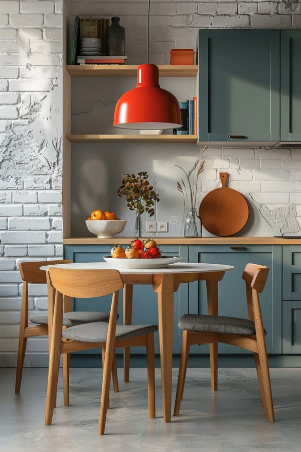 Cozy Kitchen Scene with a Table and Chairs Surrounded by a Brick Wall ...