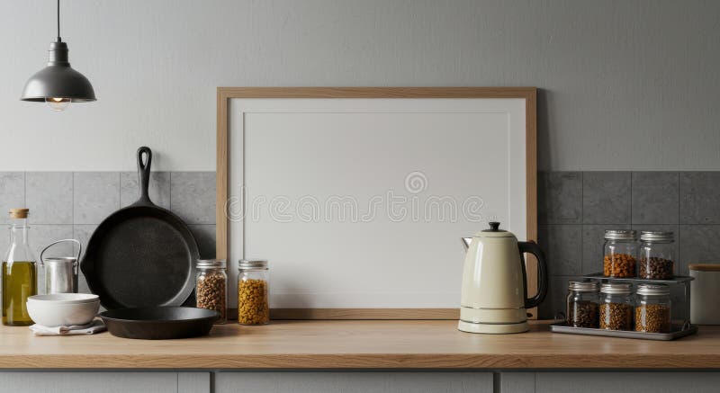 Cozy Kitchen Scene with Teapot and Pantry Jars on Rustic Wooden Counter ...