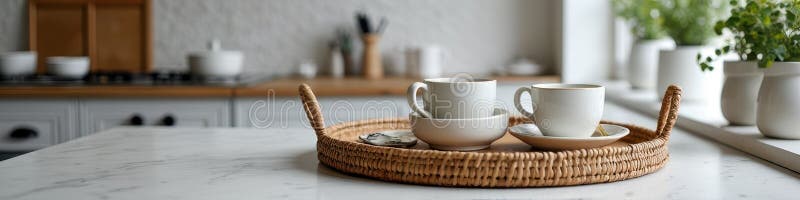 Cozy Kitchen Scene: White Ceramic Teacups on Wicker Tray in Bright ...