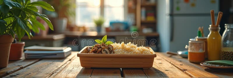 Cozy Kitchen Setting Delicious Rice Mushroom Dish Rustic Table Stock ...
