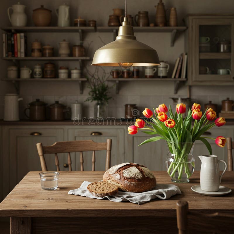 Cozy Kitchen Setting Featuring a Rustic Wooden Table Topped with a Loaf ...