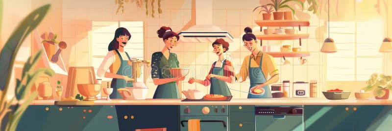 In a Cozy Kitchen Setting, Friends Collaborate on Baking, Depicted in ...
