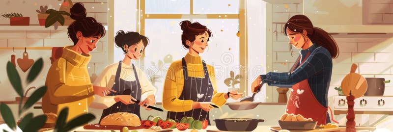 In a Cozy Kitchen Setting, Friends Collaborate on Baking, Depicted in ...