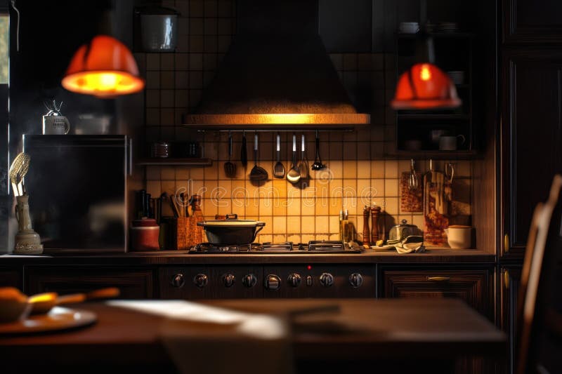 Modern Kitchen Interior Classic Evening Lighting Stock Photos - Free ...