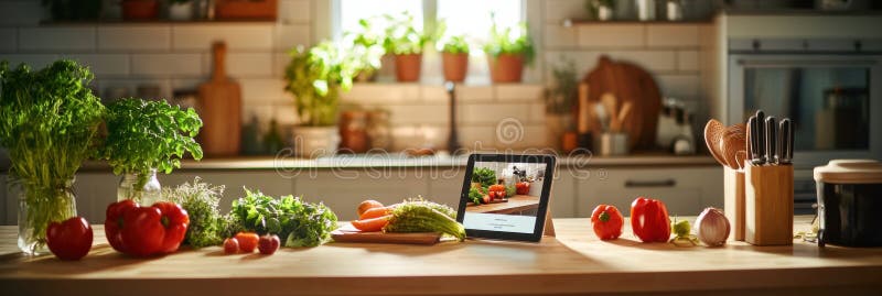 Cozy Kitchen Setup with a Digital Tablet Showing a Cooking Tutorial ...