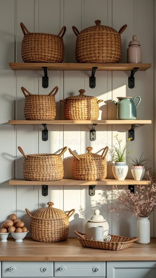 Cozy Kitchen Shelf with Woven Baskets and Decor Objects in Soft ...