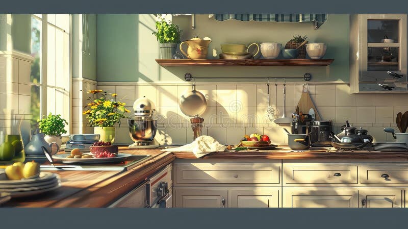 Cozy Kitchen with Sunlight and Rustic Details Stock Illustration ...