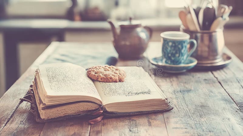 Cozy Kitchen Table, Open Book, Cookie, Tea, Reading Stock Photo - Image ...