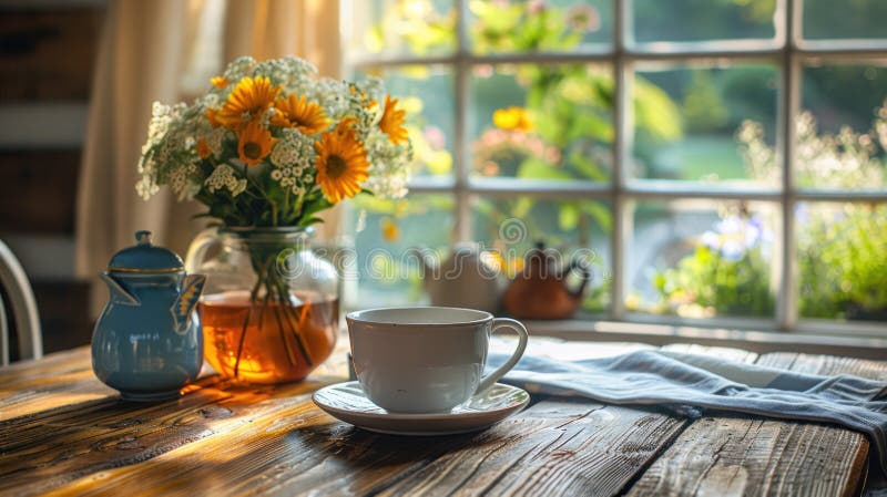 A Cozy Kitchen Table Set with Flowers and Tea Stock Image - Image of ...
