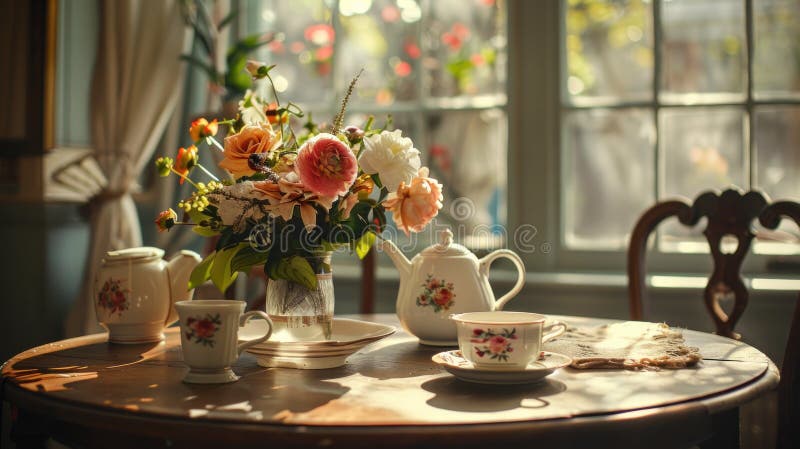 A Cozy Kitchen Table Set with Flowers and Tea Stock Photo - Image of ...
