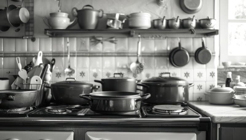 Cozy Kitchen with Various Pots on Stove and Shelves Filled with Cooking ...