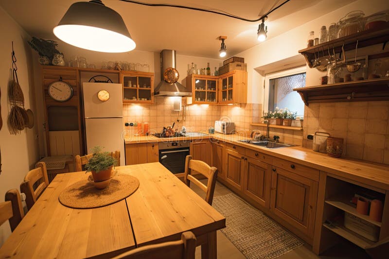Cozy Kitchen, with Warm Lighting and Breakfast Prepared for a Morning ...