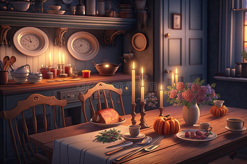 Cozy Kitchen, with Warm Lighting and Candles Burning, Providing the ...