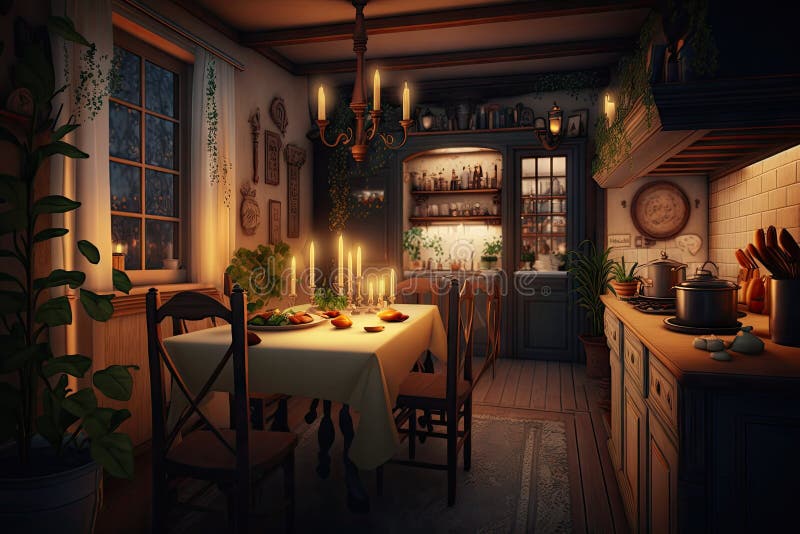 Cozy Kitchen, with Warm Lighting and Candles Burning, Providing the ...