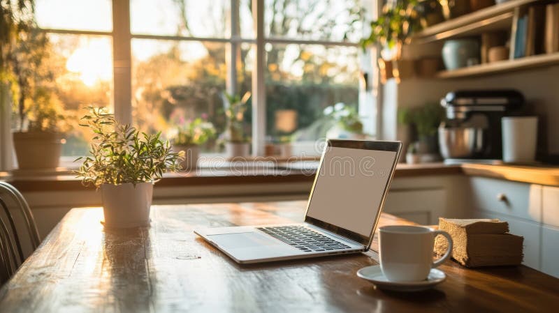Cozy Kitchen Workspace with Natural Light, Laptop, Coffee, and Relaxed ...