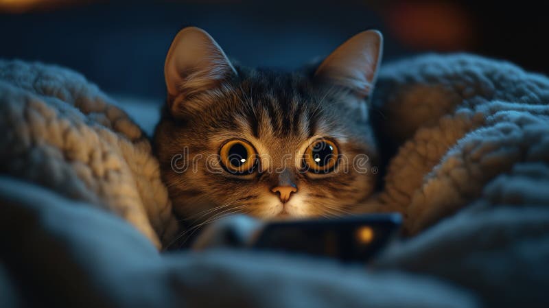 Cozy Kitten Watching TV Under a Blanket in Low Light Stock Photo ...