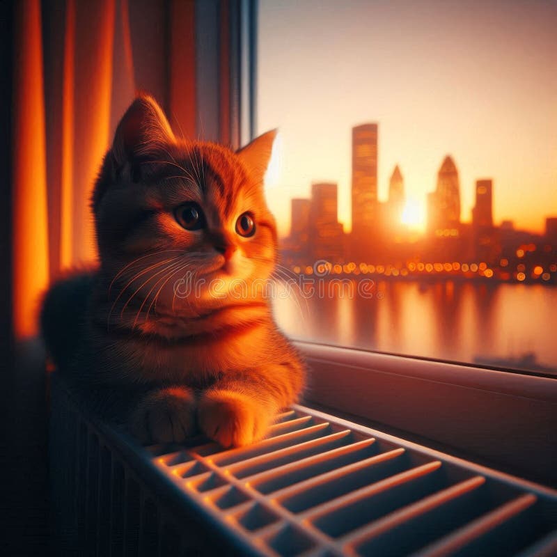 Cozy Kitten on Windowsill at Dusk - Lofi City Skyline with Warm Sunset ...