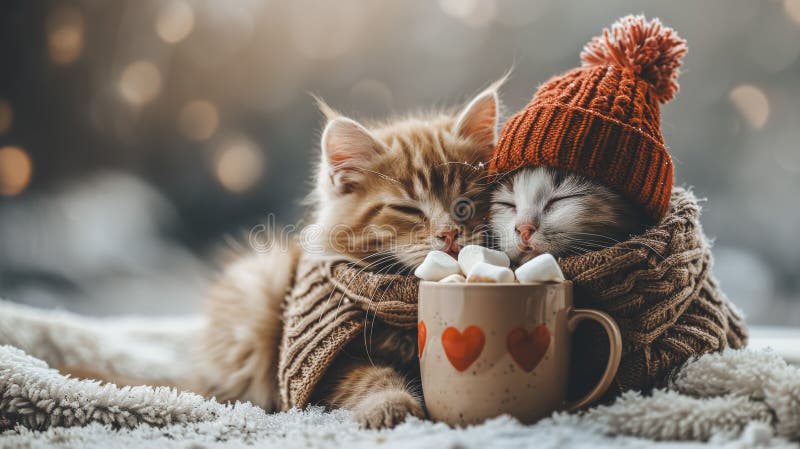 Cozy Kittens Snuggling in Winter Attire with Warm Mug. Stock Image ...