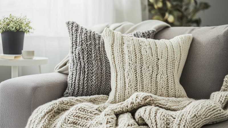Cozy Knit Textures in a Sunlit Living Room Interior Design Scene Stock ...