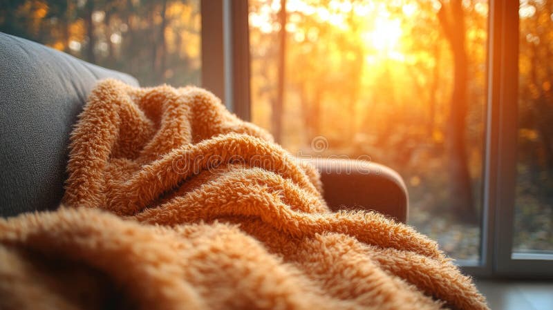 Cozy Knitted Blanket Draped Over a Sofa with Warm Sunlight Filtering ...