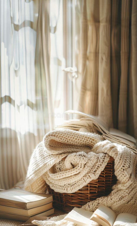 Cozy Knitted Blankets in Sunlit Room with Open Books by the Window ...