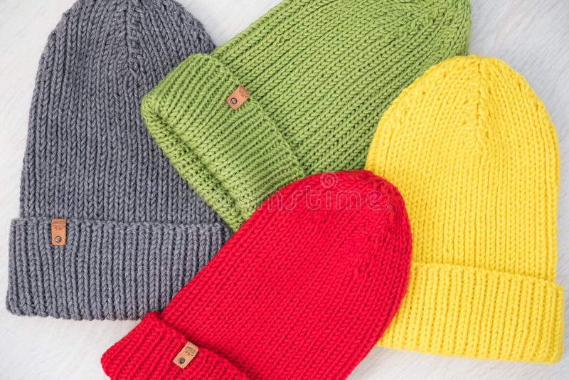 Cozy knitted set of hats stock photo. Image of child - 163196348