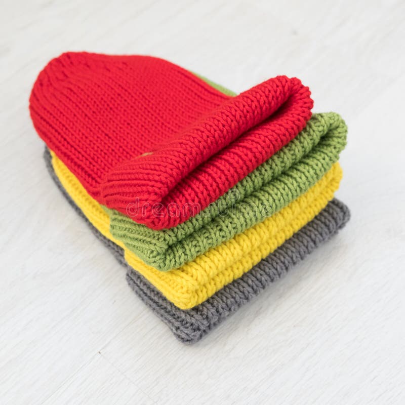 Cozy knitted set of hats stock photo. Image of child - 163196588