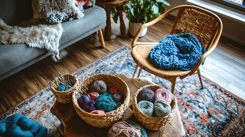 A Cozy Knitting Circle Setup with Yarn Baskets, Needles, and Stock ...