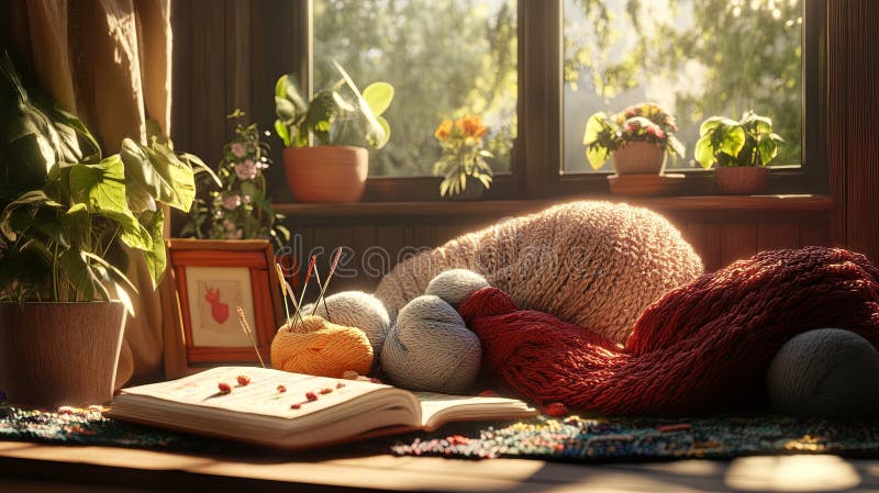 A Cozy Knitting Corner with Soft Yarn, Needles, and Simple Patterns ...