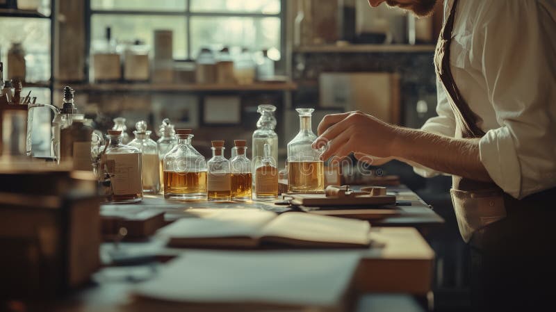 A Scientist Practices Distillation in a Rustic Laboratory Filled with ...