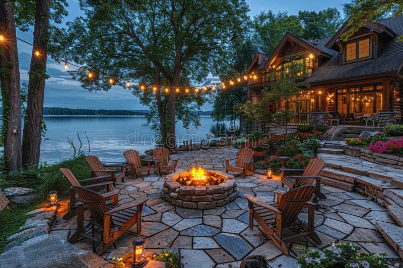 Cozy Lakefront Stone Fire Pit with Chairs and String Lights in Rustic ...