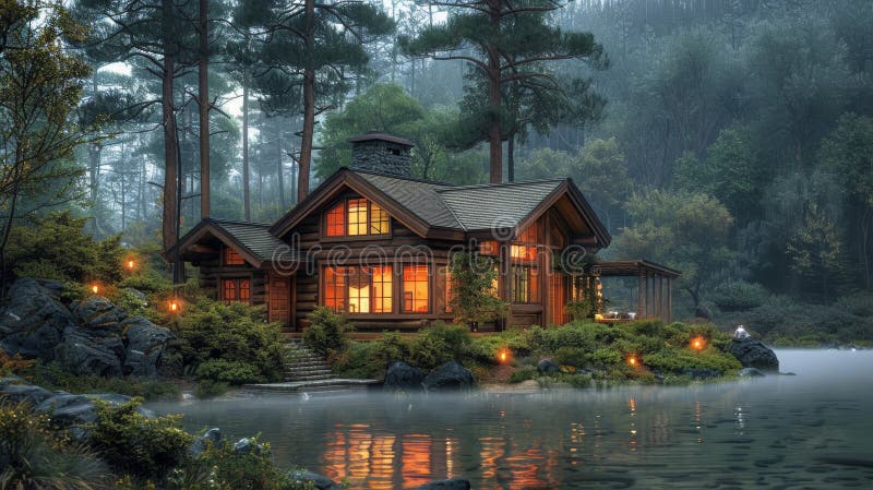 Cozy Lakeside Cabin in the Forest at Dusk Stock Image - Image of ...