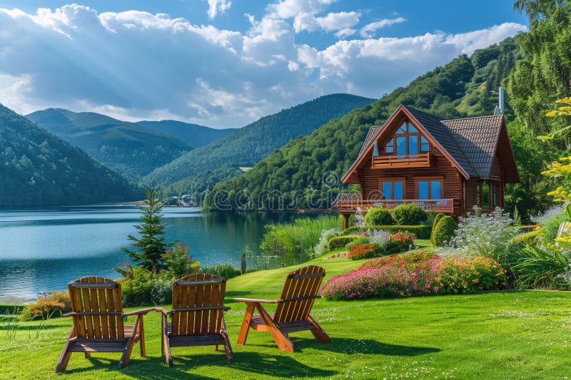 Cozy Lakeside Cabin in Lush Mountain Landscape Setting Stock ...