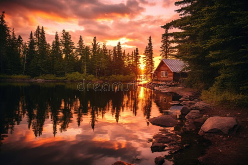 A Cozy Lakeside Cabin at Sunset Stock Photo - Image of vacation, view ...