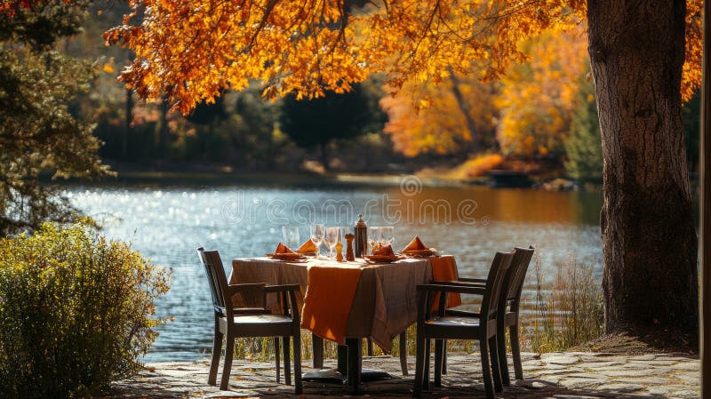 Cozy Lakeside Dining Setup in Autumn with Vibrant Trees and Warm ...