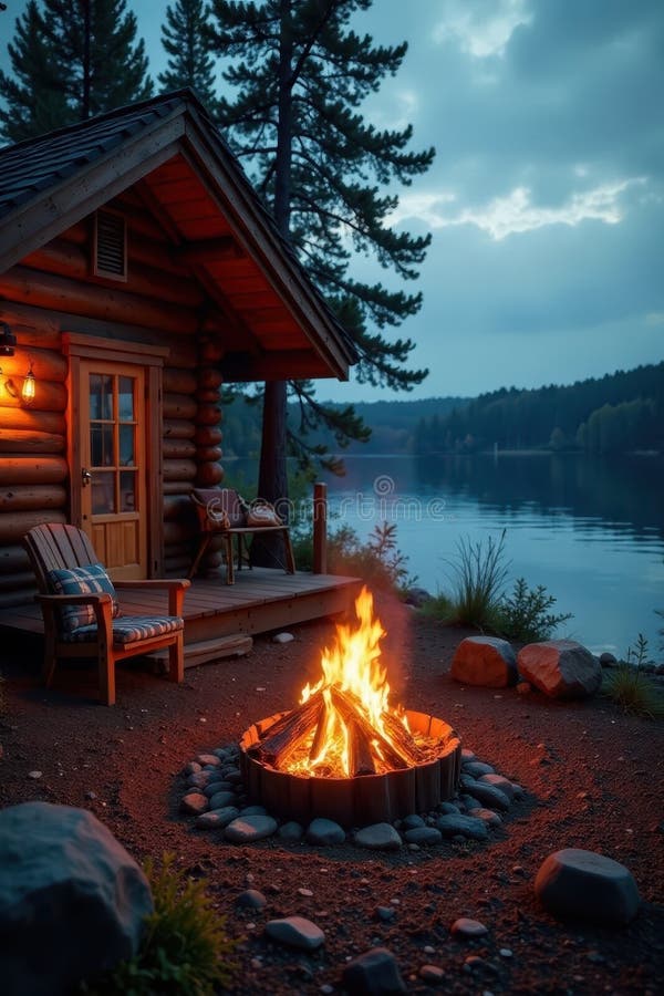Cozy Lakeside Log Cabin with Crackling Campfire, Wilderness, Relaxing ...