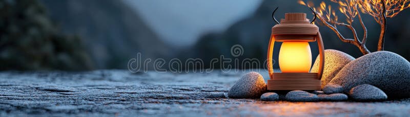 Cozy Lantern Glowing on Rocks by the Riverbank Under Soft Evening Light ...