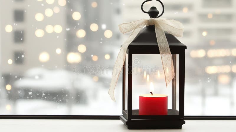 Cozy Lantern Red Candle Snowy Window Bokeh Lights Stock Photos - Free ...