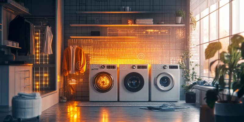 Modern Laundry Room Featuring Elegant White Appliances and Warm Ambient ...