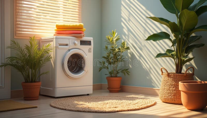 Cozy Laundry Room with Sunlight and Plants Stock Photo - Image of ...