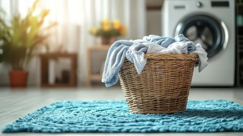 A Cozy Laundry Scene with a Basket of Freshly Washed Clothes in a ...
