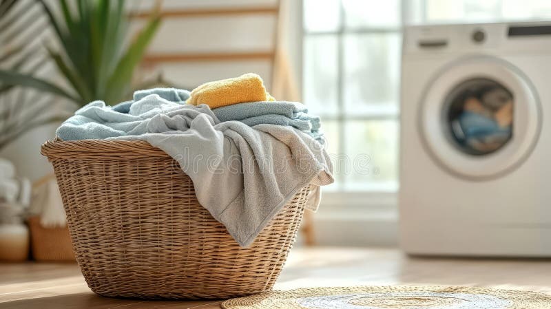 A Cozy Laundry Scene Featuring a Basket of Freshly Washed Clothes Stock ...