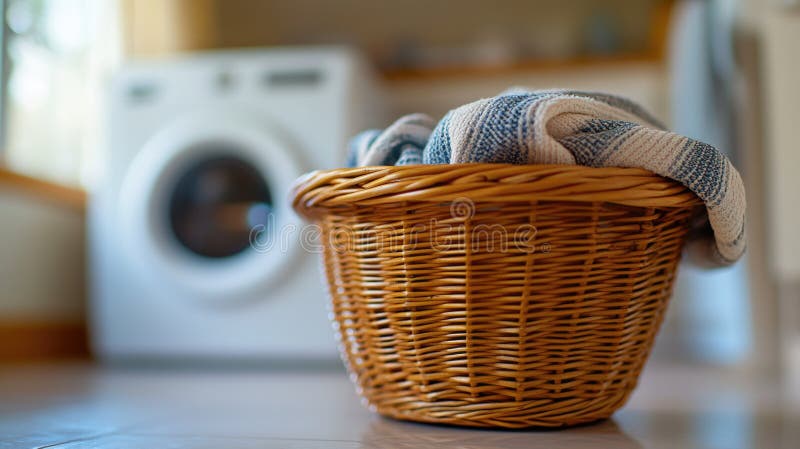 Cozy Laundry Scene with Wicker Basket and Washing Machine in Soft Light ...