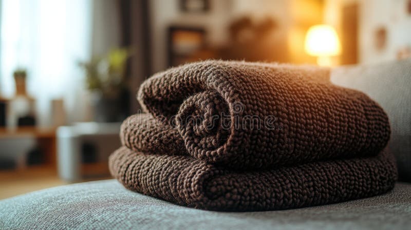Cozy Layered Chocolate Brown Wool Blanket on a Neutral-toned Couch in ... Cozy Layered Chocolate Brown Wool Blanket on a Neutral-toned Couch in ...