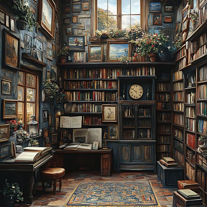 Cozy Library with Antique Decor Stock Illustration - Illustration of ...