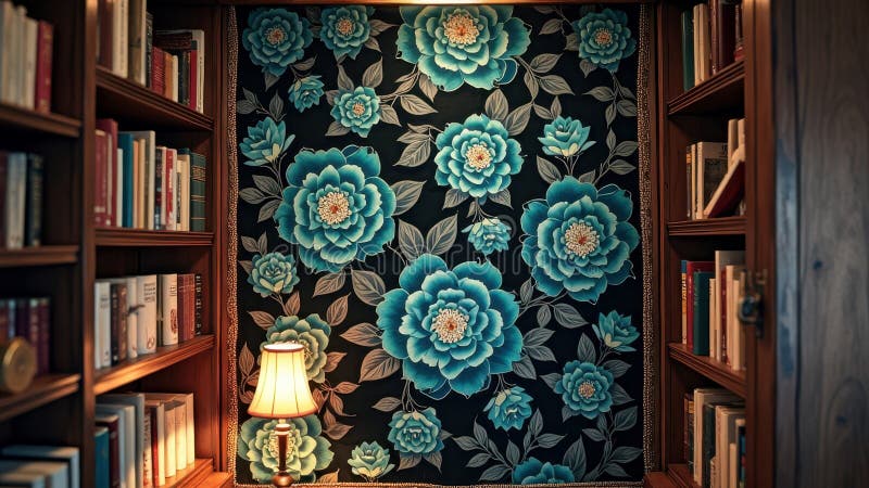 Cozy Library with Blue Floral Tapestry and Warm Lamp Light Stock Photo ...
